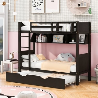 Modern Twin Over Twin Bunk Bed 77.6" Wood Bed Frame with Twin Size Trundle and Bookshelf - Bed ...